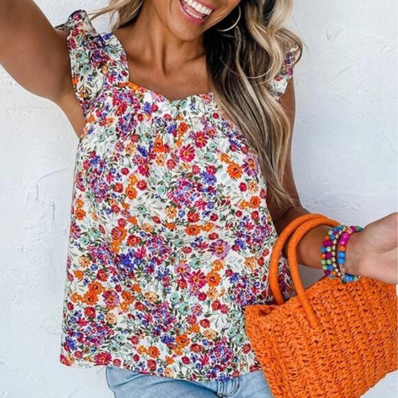 LOVESOFT | Tops | Rose Red Floral Square Neck Flutter Tank Top | Poshmark